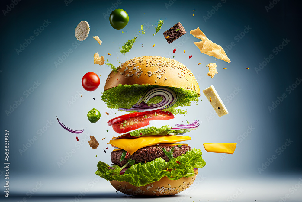 Exploding cheeseburger sandwich. Generative AI Stock Illustration ...