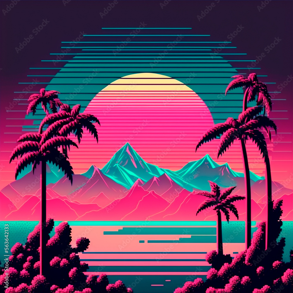 vaporwave neon on a beach with a cyberpunk-style sunset GENERATIVE AI ...