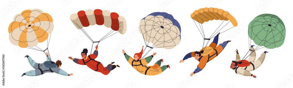 Cartoon skydivers characters. Cute guys and girls with open parachutes ...