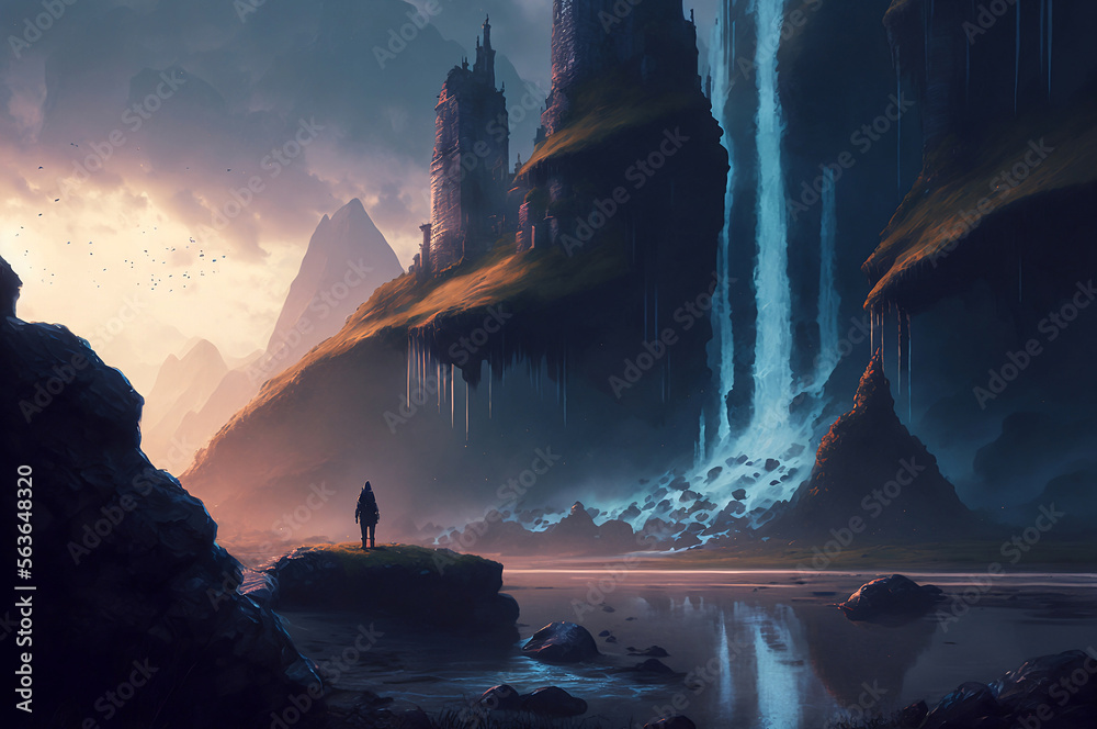 fantasy scene of magical waterfall,digital art style, illustration ...