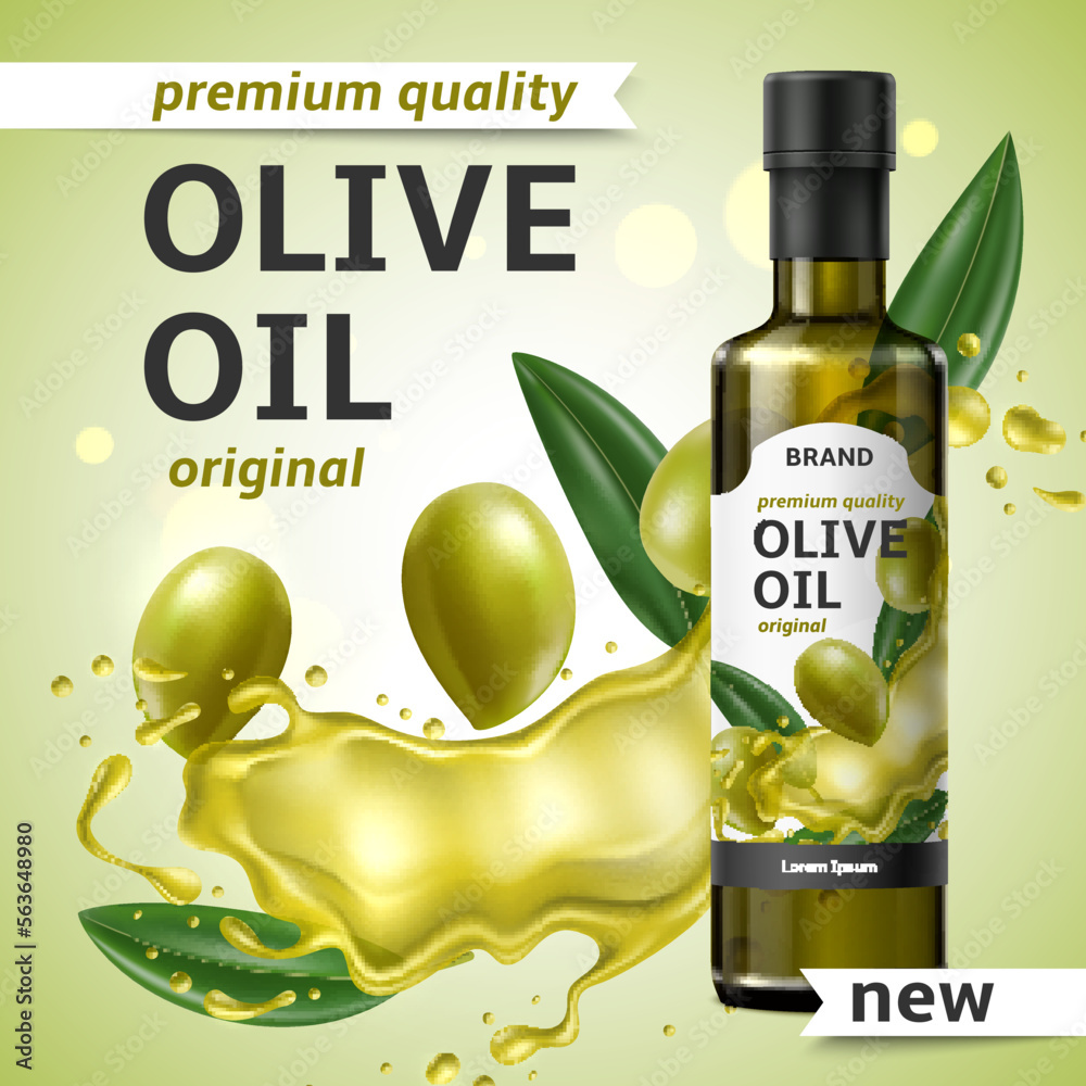 Realistic olive oil poster. Natural farm product, glass bottle with ...