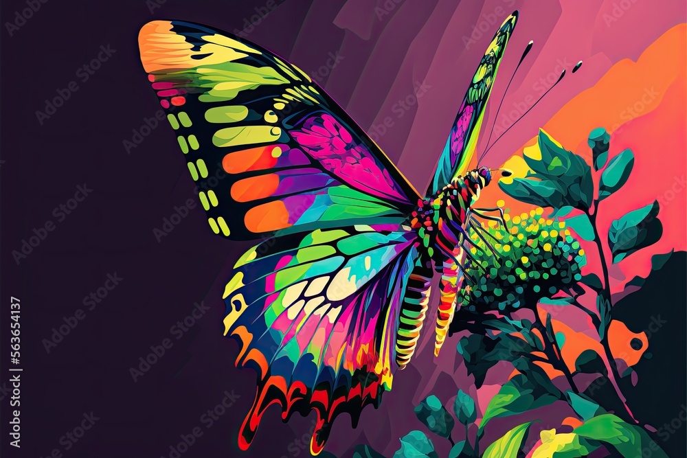 AI generated colorful pop art style illustration of a butterfly on a ...