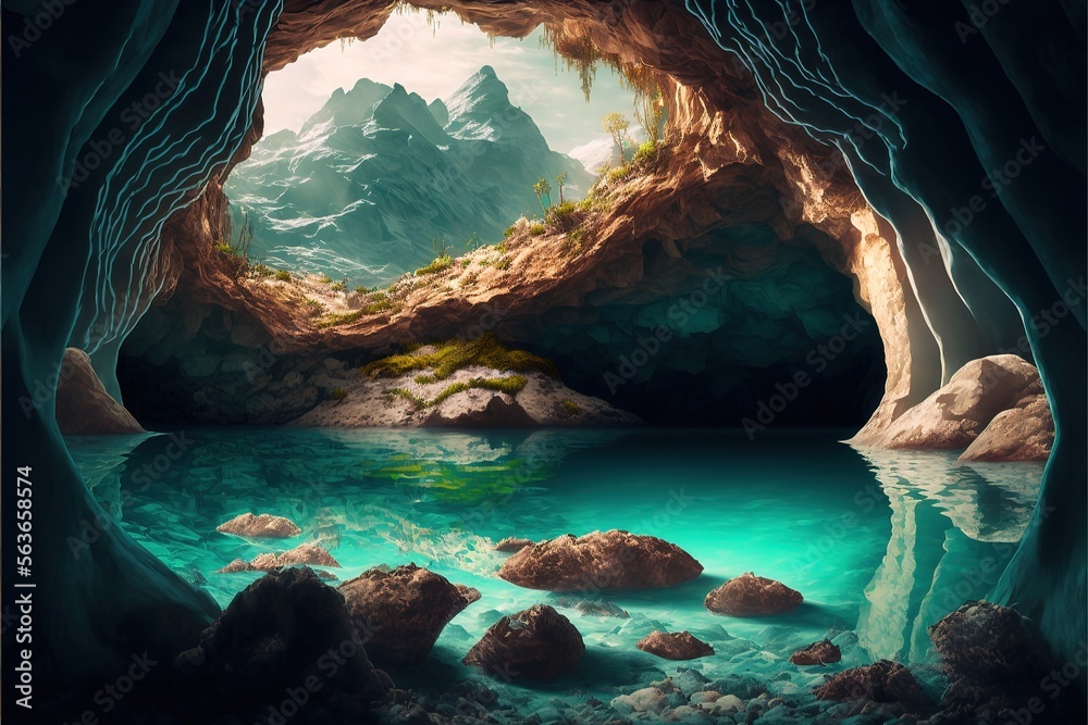 Illustration of underground lakes in a cave. Crystal clear water ...