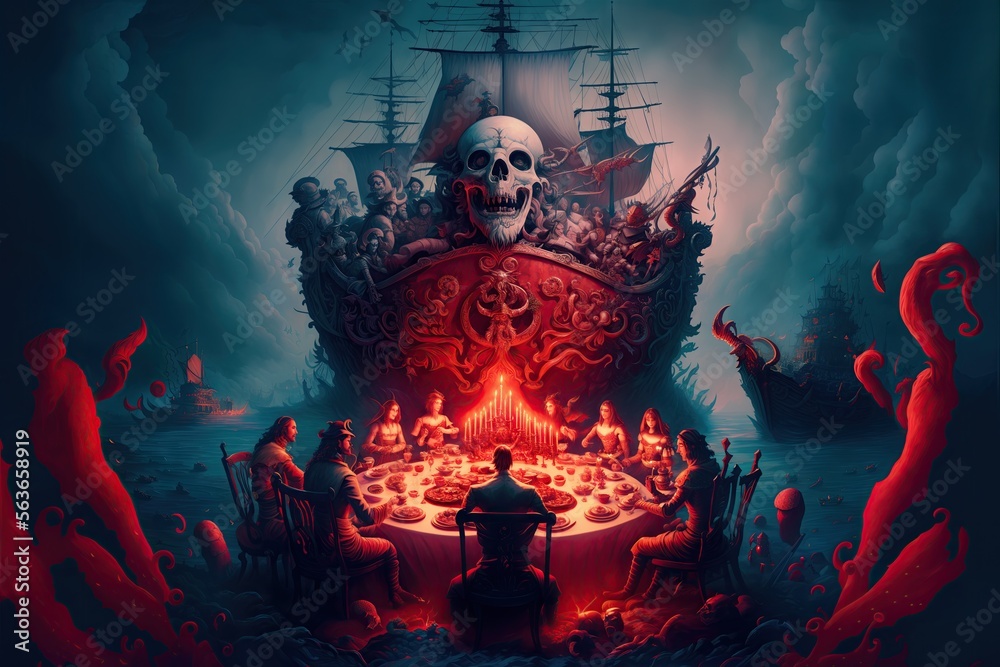 Banquet in hell with demons and pirates and soldiers. High quality ...