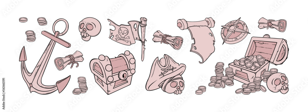 Pirate doodle set. Sketch of chest with coins, skull, flag and other ...