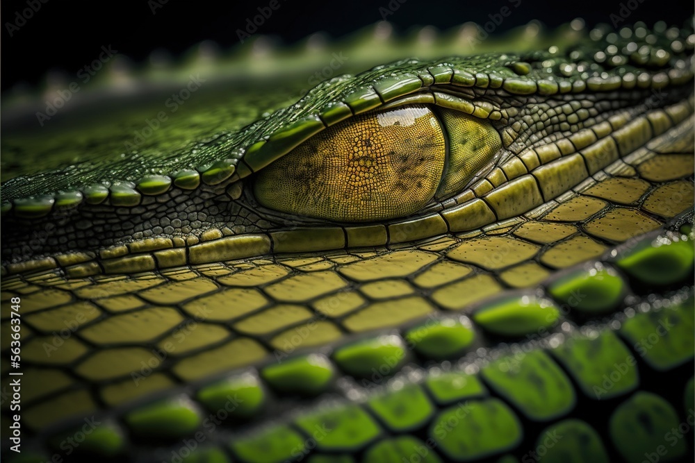 a close up of a green alligator's eye with a black background and a ...