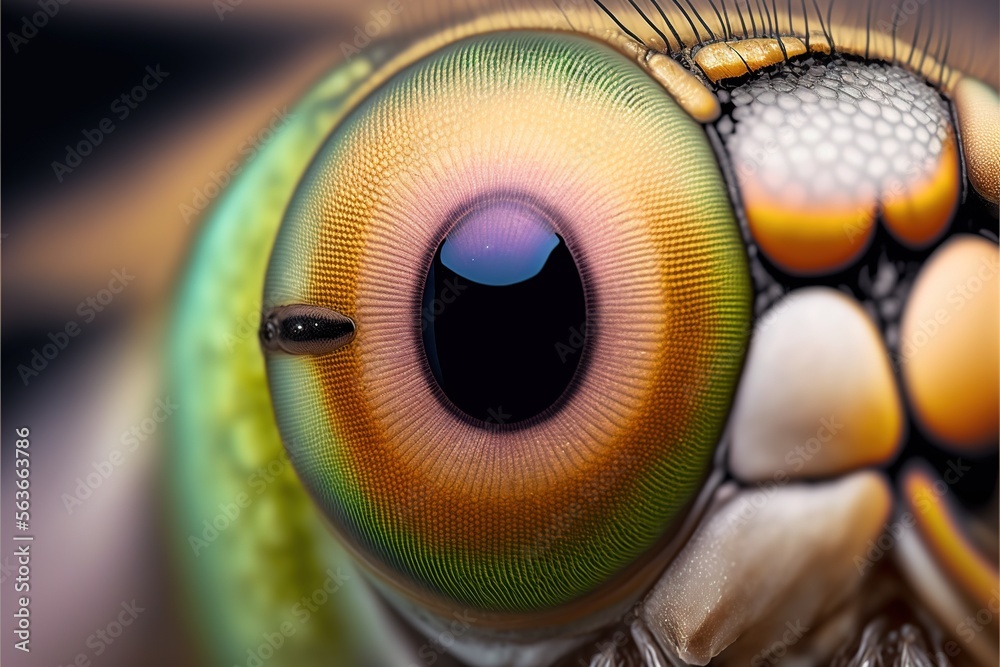 a close up of a dragonfly's eye with a black spot in the center of the ...