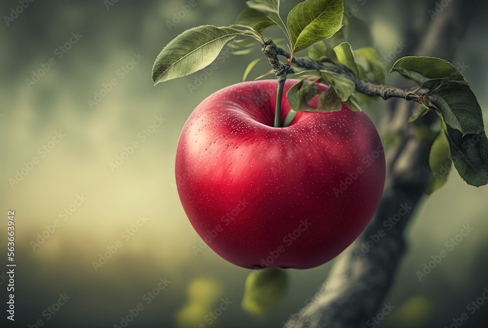 beautiful ripe big red apple on tree with light glow from behind ...