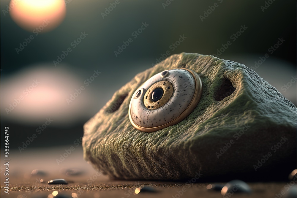 a rock with a small eye on it sitting on a table next to a blurry ...
