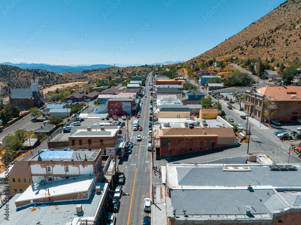 Aerial scenic view of Victorian building on historic Main C street in ...