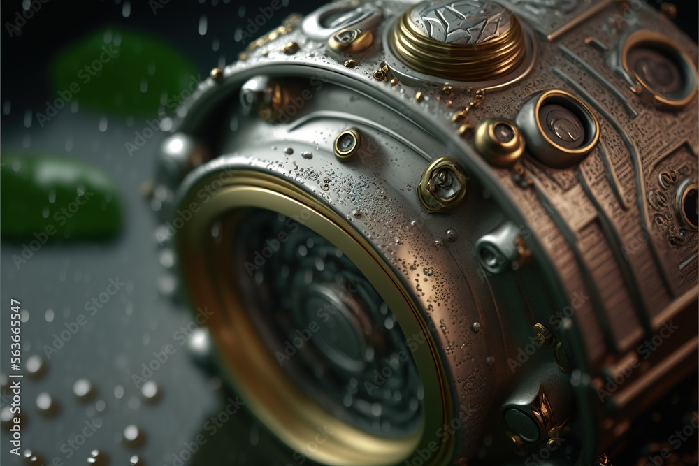a close up of a camera with water droplets on it's lens cap and a green ...