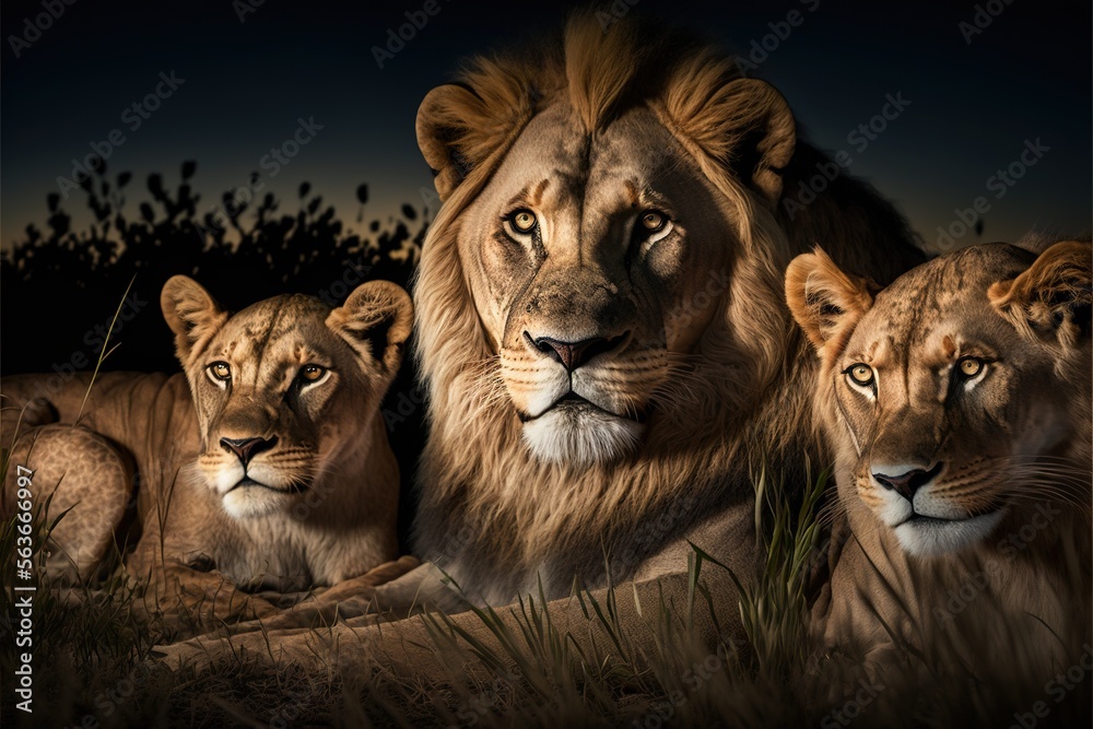a group of lions sitting next to each other on a field at night time ...