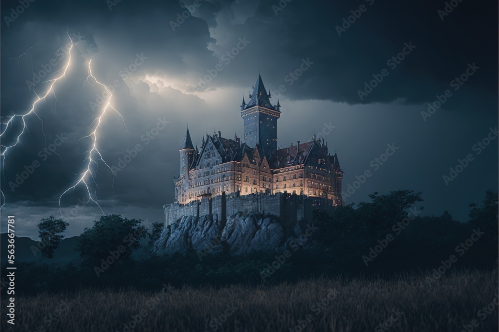 a castle with a lightning bolt in the sky above it and a dark sky ...