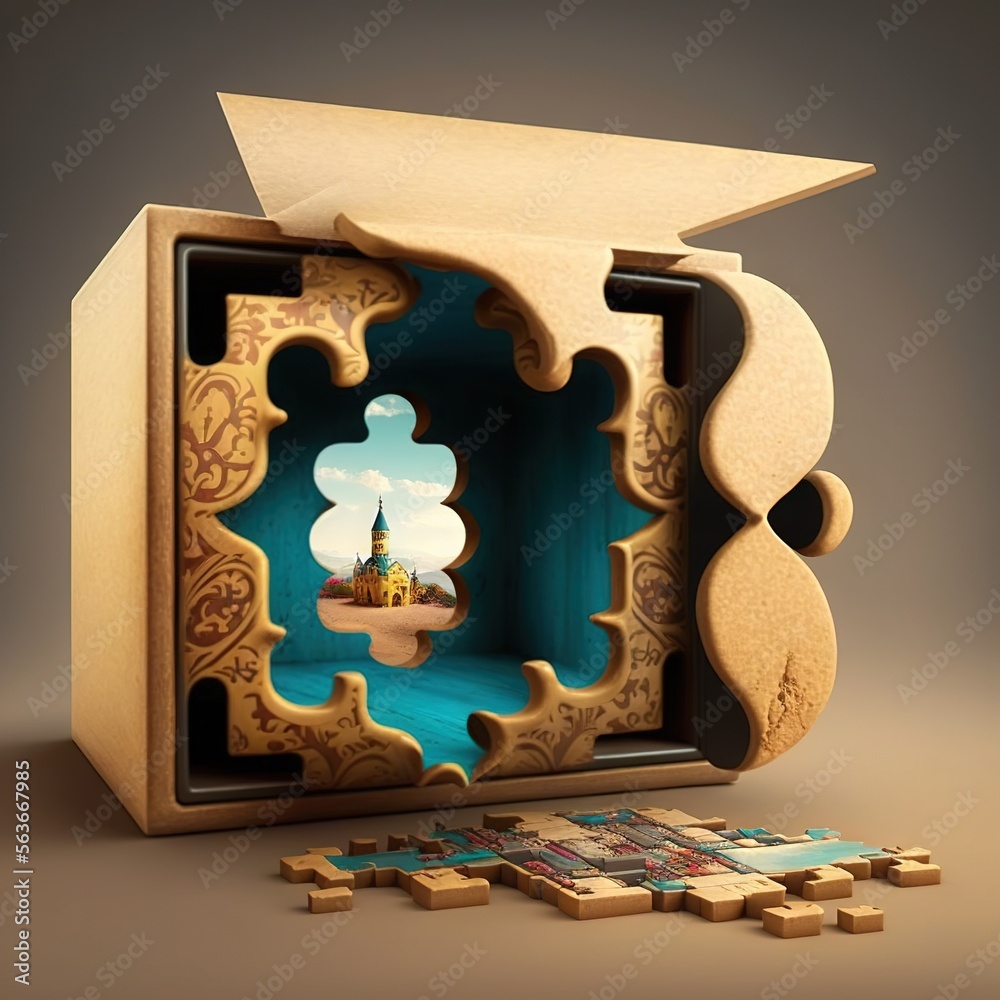 a puzzle box with a picture of a castle inside of it and a piece of ...