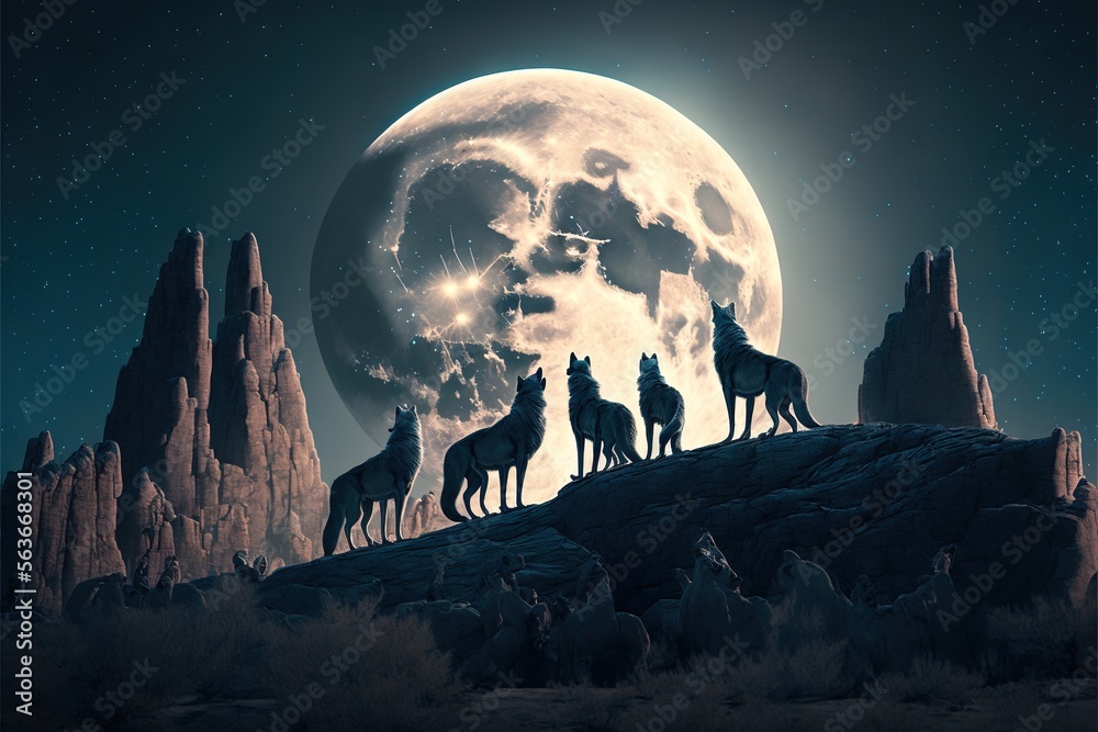 a group of animals standing on top of a mountain under a full moon sky ...