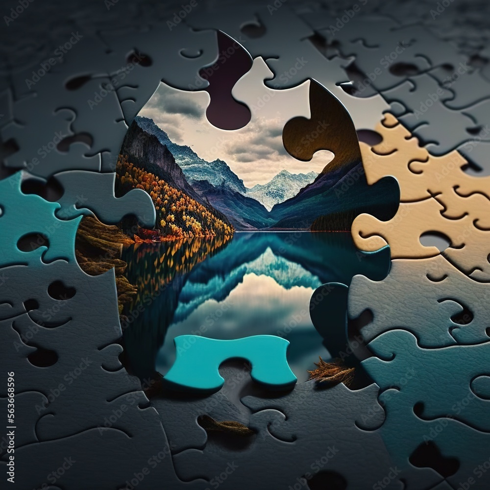 a puzzle piece with a lake and mountains in the background with a ...