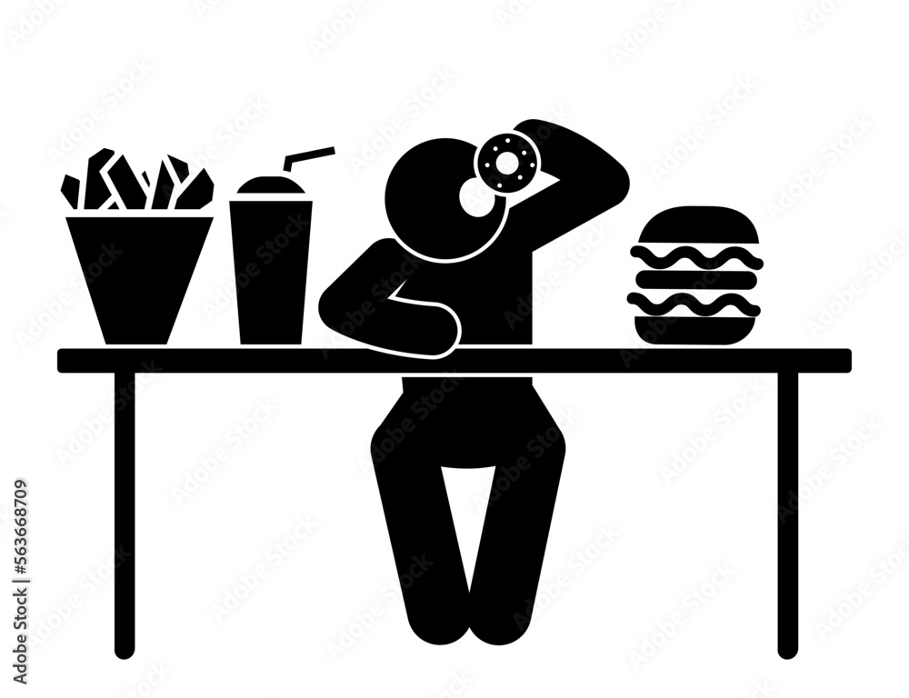 overeating illustration, a person eats a lot of junk food, fast food ...