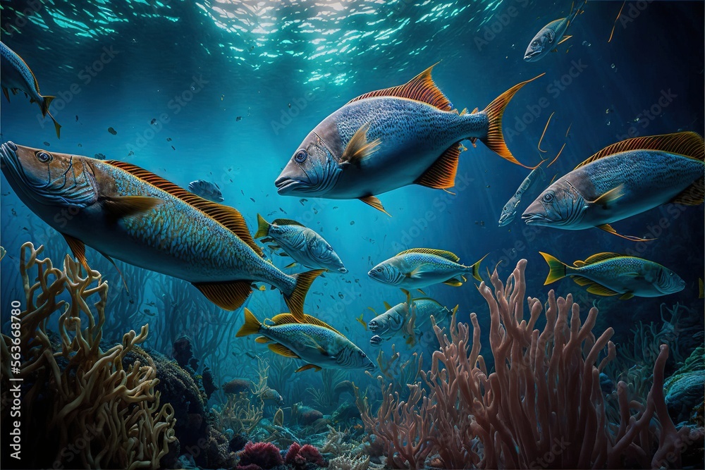 a group of fish swimming in a large aquarium filled with corals and ...