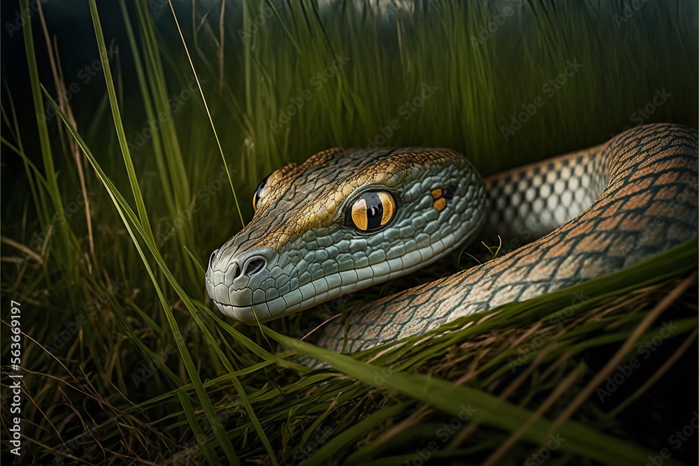 a snake is laying in the grass with its eyes open and it's head turned ...