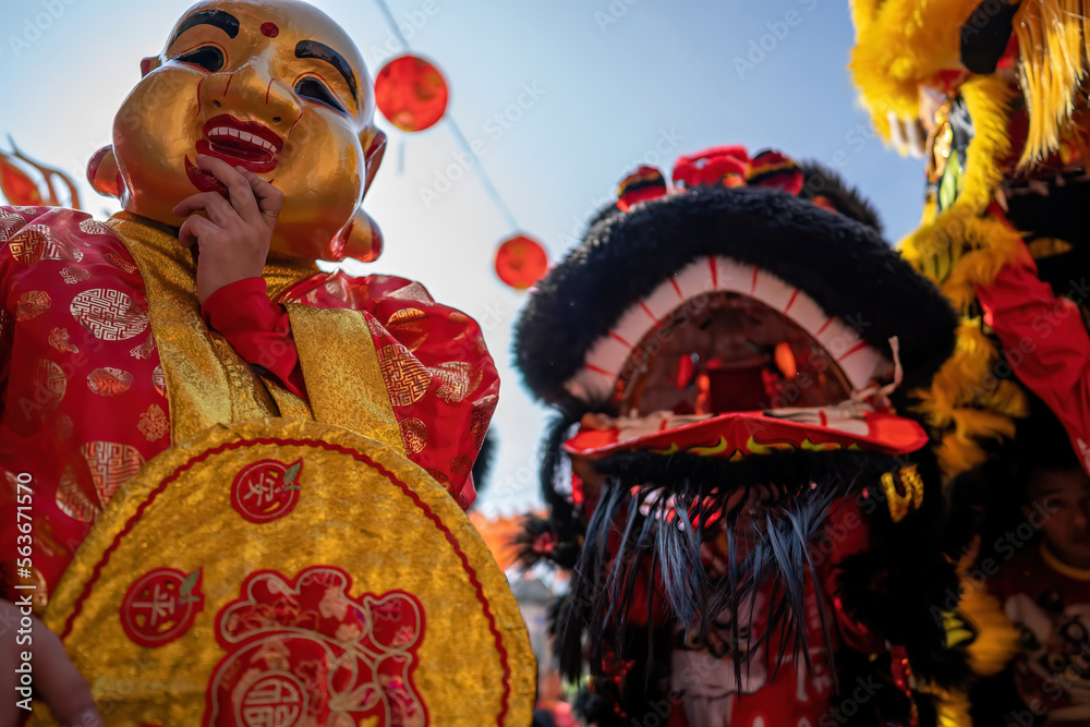 Dragon and lion dance show in chinese new year festival (Tet festival ...