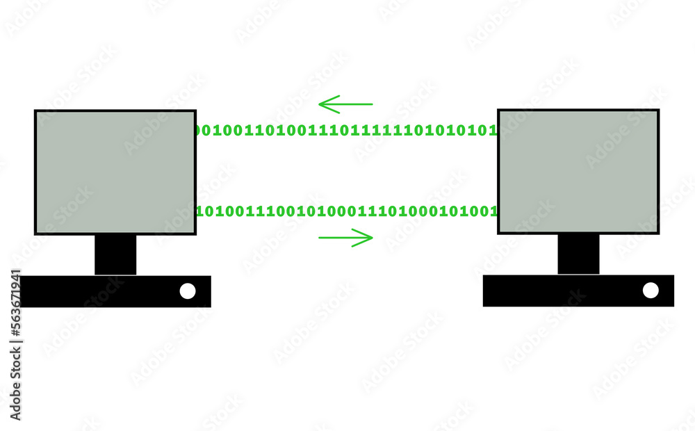 Two computers exchanging data. Illustration of data travel between ... Two computers exchanging data. Illustration of data travel between ...