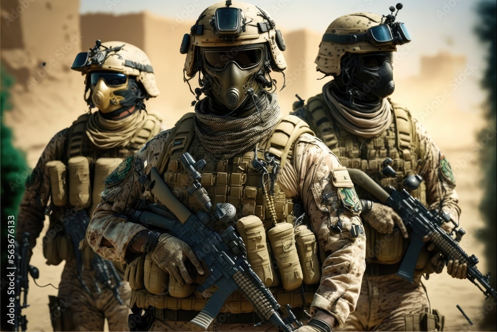 Desert Special Forces Military Unit in Full Tactical Gear in the desert ...