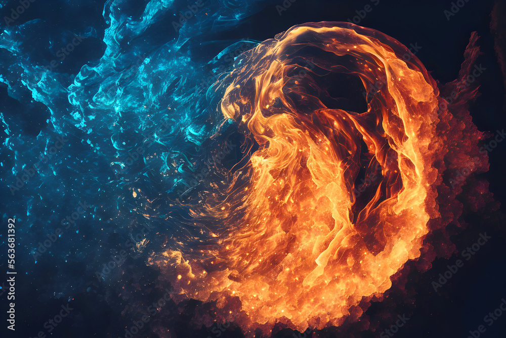 Water fights fire. Clash of the element of fire and water. Fire vs ...