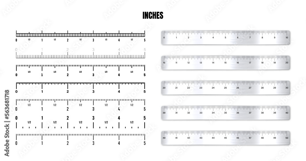 Vetor de Realistic metal rulers with black inch scale for measuring ...