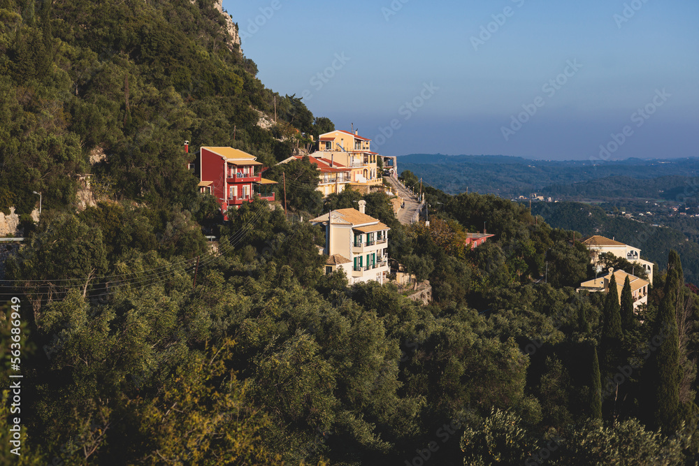 Beautiful view of Lakones streets and houses, traditional greek village ...