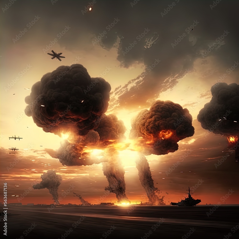 Aircraft on a massive bombing run. Huge explosions. Action scene. Made ...