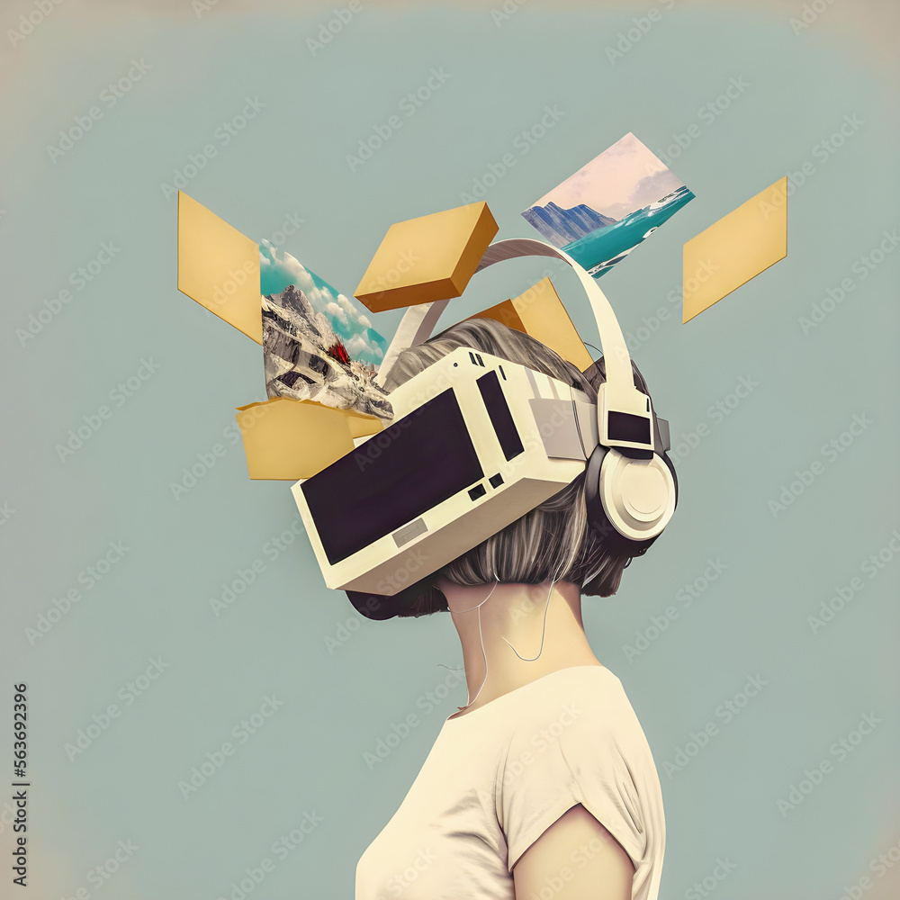Life in metaverse, virtual reality addiction, collage art, surrealism ...