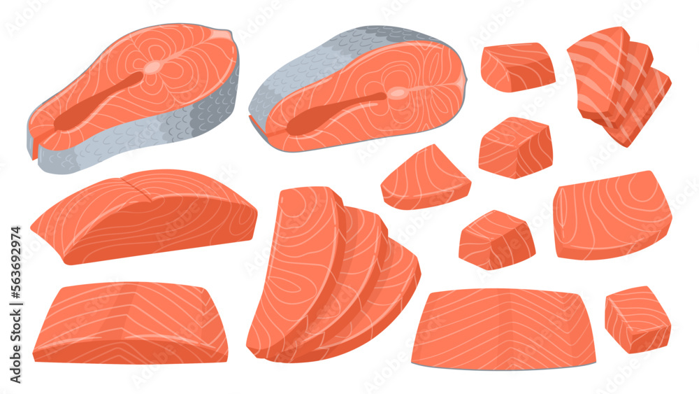 Cartoon sliced salmon. Red fish pieces, delicious sashimi slices ...