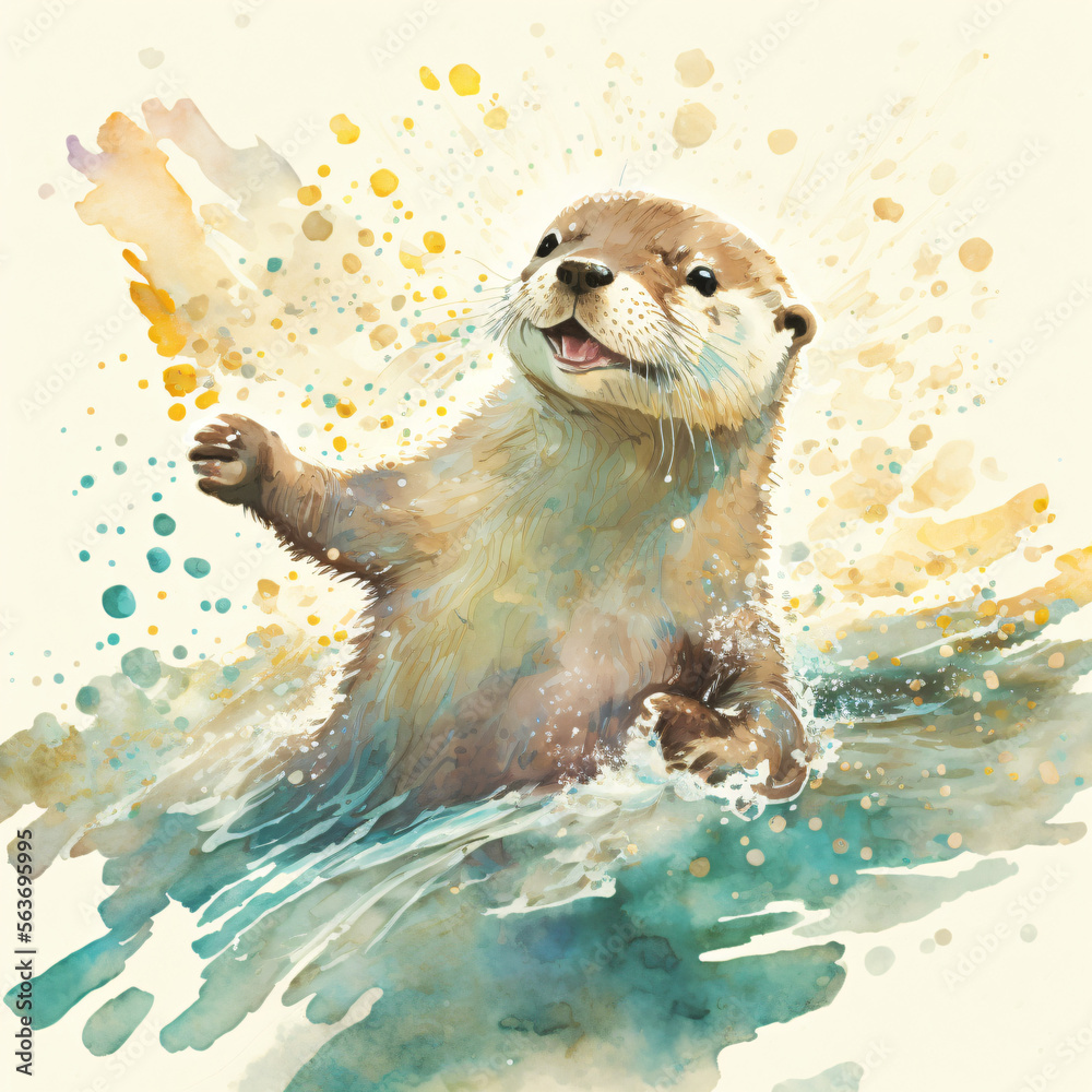 watercolor of a happy otter swimming Generative Ai Stock Illustration ...