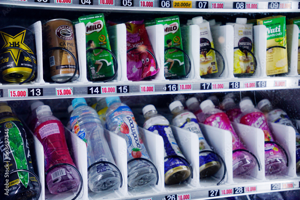 Drinks inside vending machine at a park in Hue, Vietnam on October 8 ...