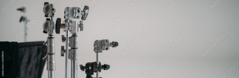 Film set and technology of modern shooting. Film crew, lighting devices ...