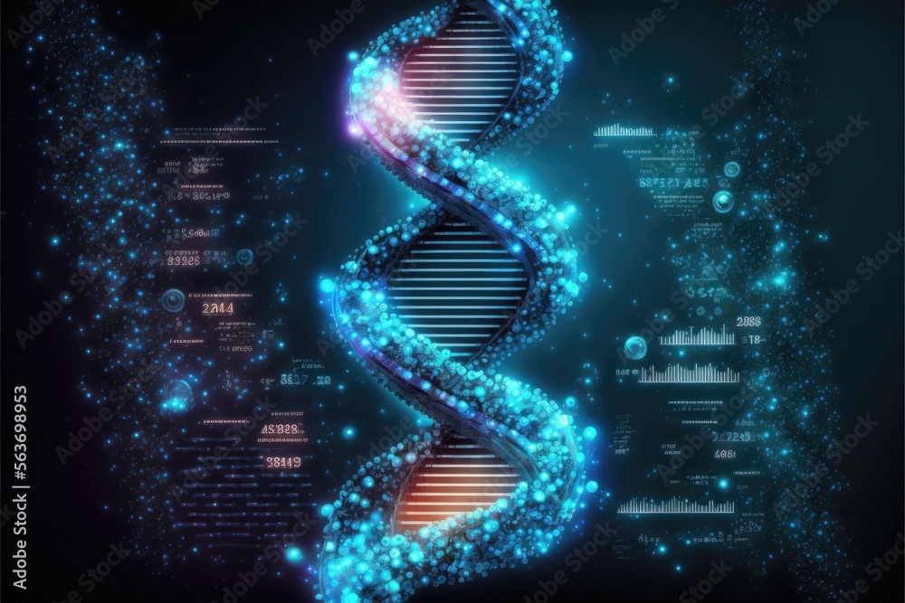 Generative AI illustration of white DNA strand with numbers screens and ...