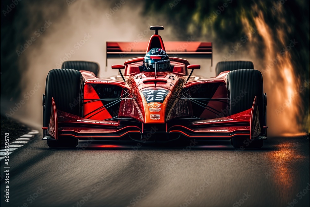 a red race car driving down a road with smoke coming out of the back of ...