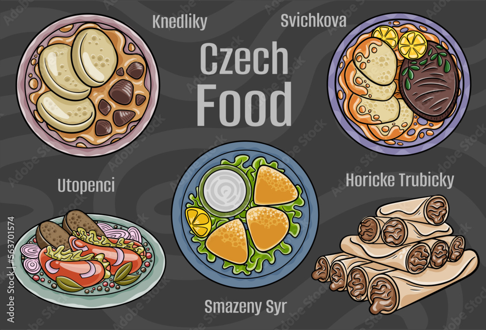 Czech food. A set of classic dishes. Cartoon hand drawn illustration ...