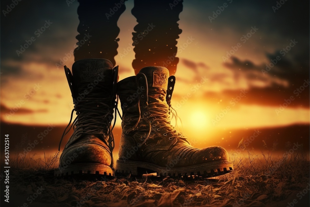 a pair of boots sitting on top of a field at sunset with the sun in the ...