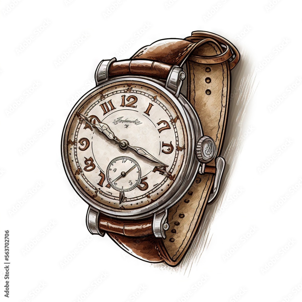 a drawing of a watch with a brown strap on a white background with a ...
