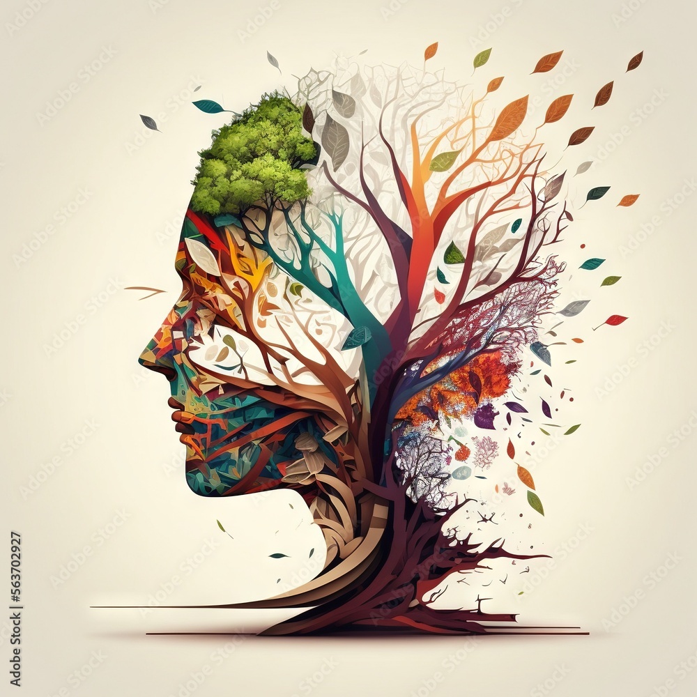 a tree with a human head and leaves on it's branches, and a tree with a ...