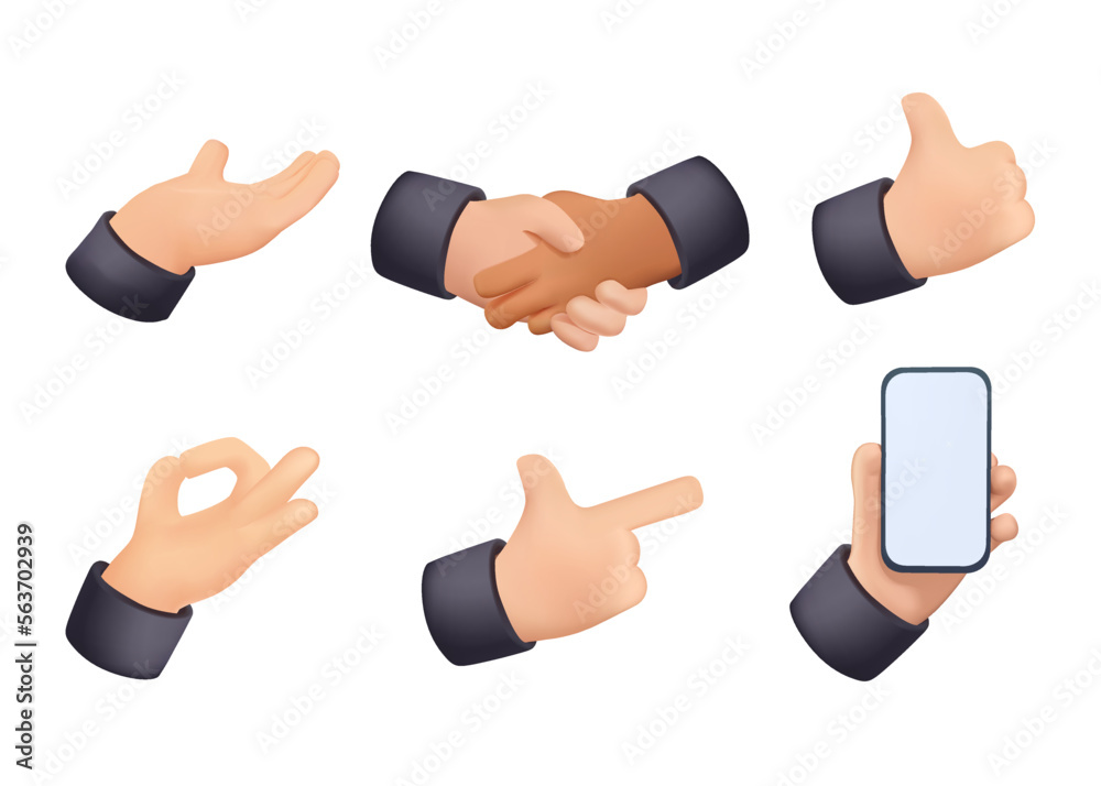 3D hands gestures set cartoon render vector illustration. Hands poses, hand holding, pointing ...