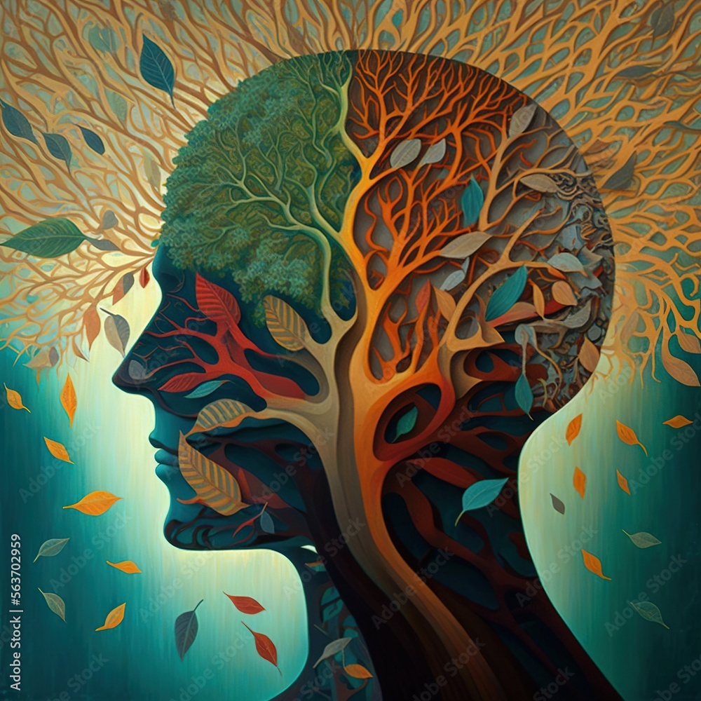 a painting of a tree with a human head and leaves on it's sides, and a ...