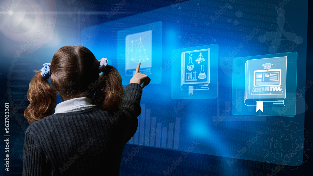 Schoolgirl touching digital screen with different educational ...