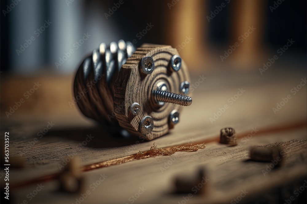 a wooden mouse with a metal nut on the top of it and a screw in the ...
