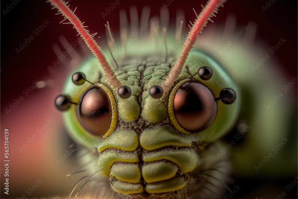 a close up of a green insect with red eyes and long antennae, with a ...