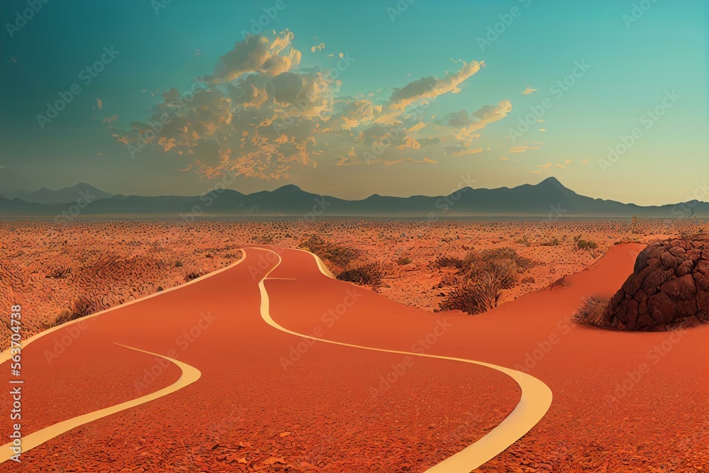 Desert landscape with road, rocks and cactuses. Vector cartoon ...