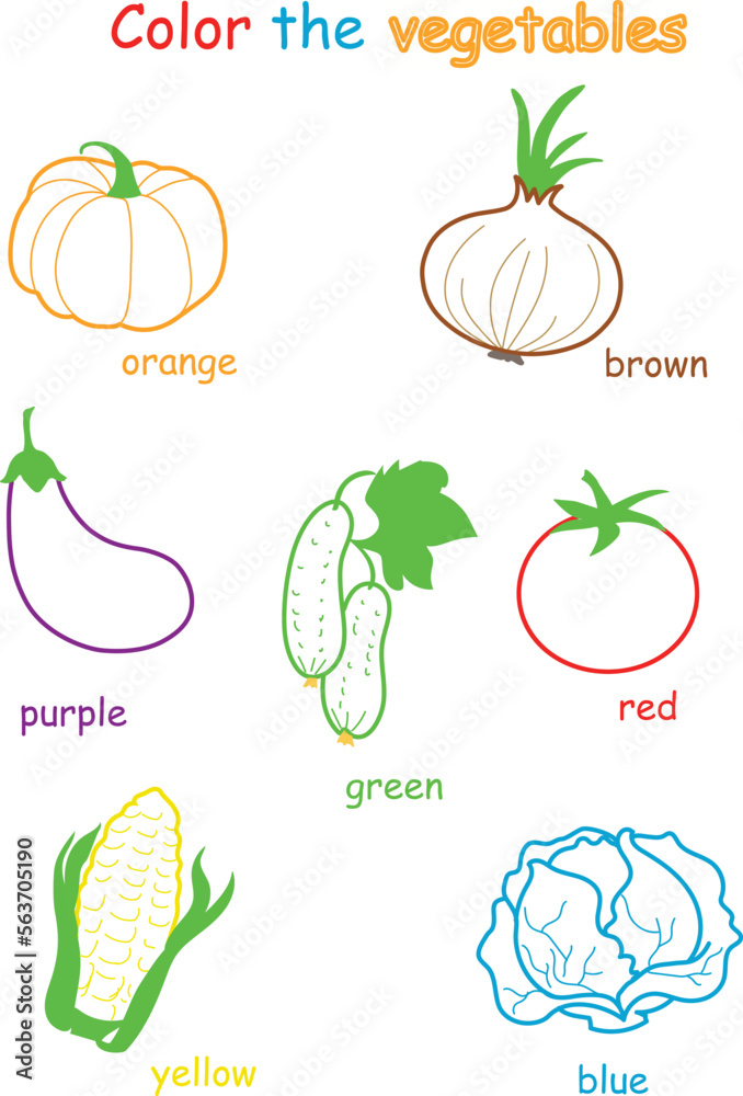 Worksheet For Teaching Colors. Color the vegetables Stock Vector ...