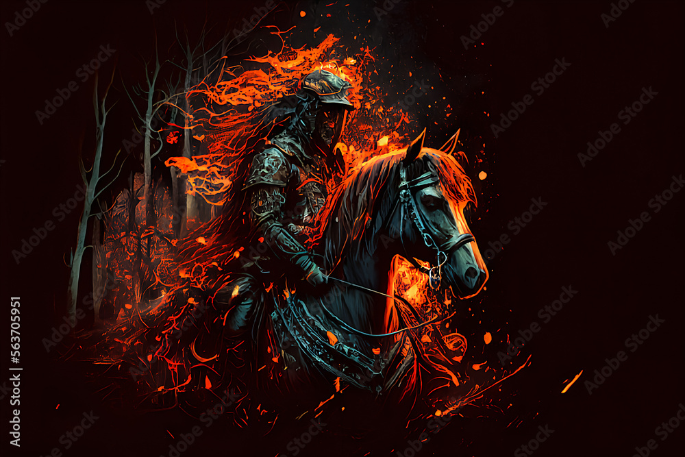 Knight riding a horse through a dark forest, covered in flames, black ...