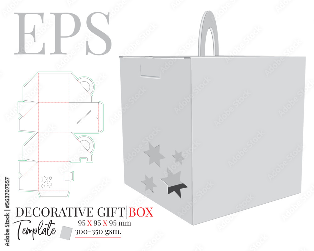 Decorative Box die cut template with stars, vector. White, clear, blank ...